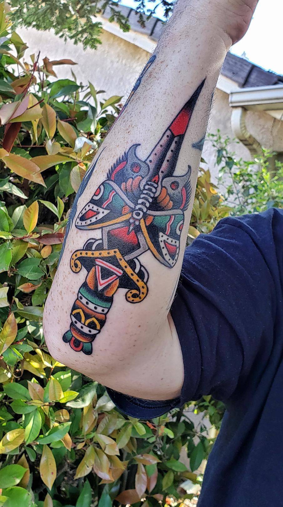 Traditional dagger and butterfly tattoo by Stuart Cripwell at Flying Panther in San Diego, CA ...