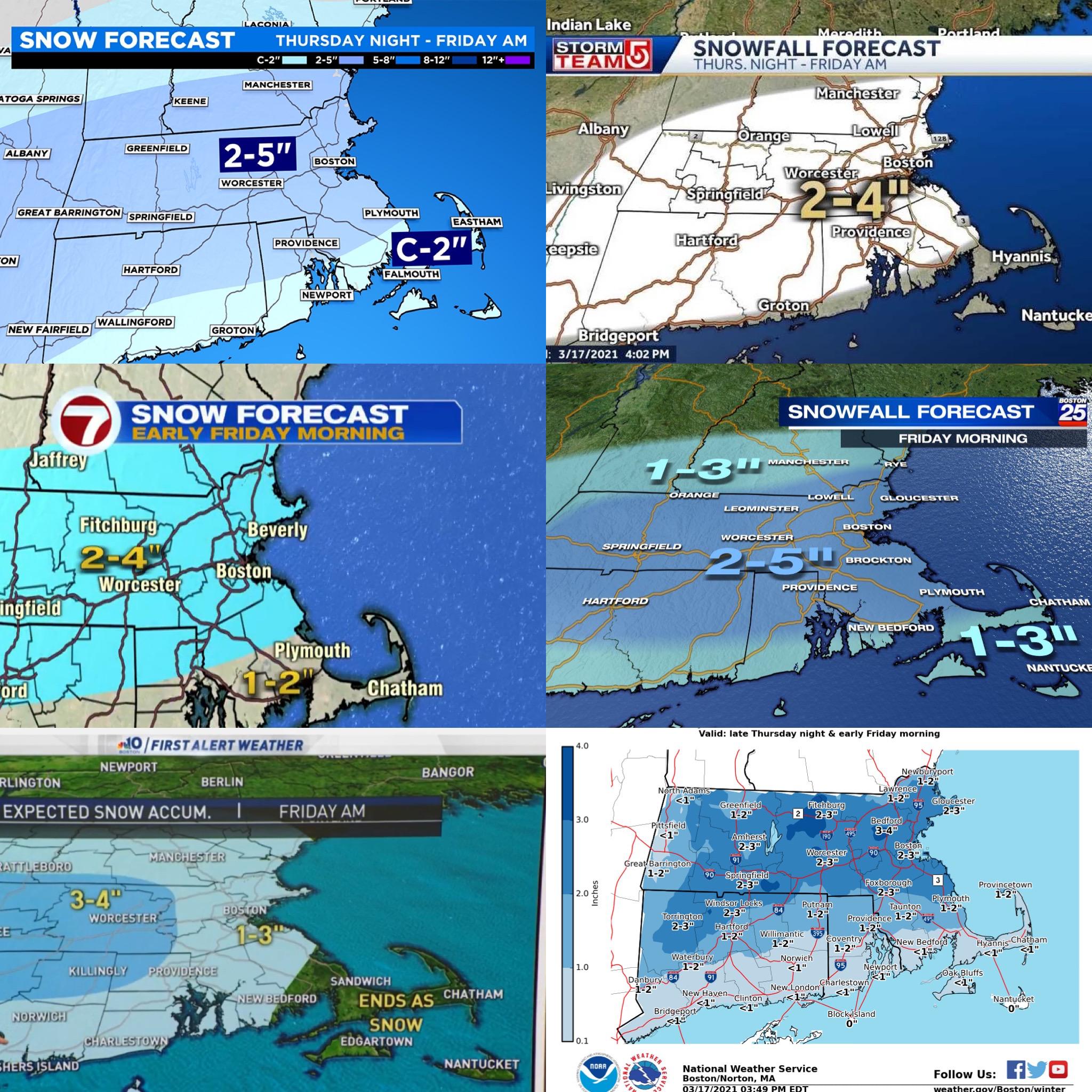 Updated Snowfall Forecasts for Friday AM (ch. 4,5,7,25,10,NWS) Potential has gone up a bit ...