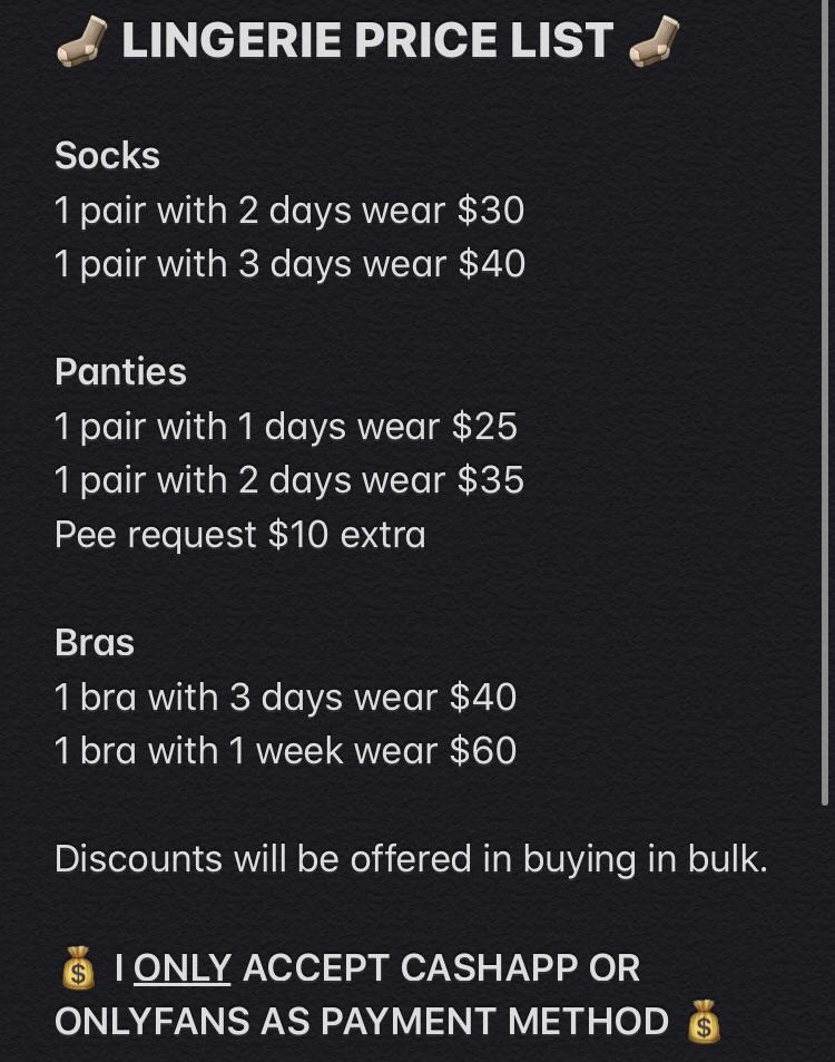🧦 USED LINGERIE PRICE LIST 🧦 SEPTEMBER SALE NOW ON! KIK helenrofficial for the full catalog! 😻 ...