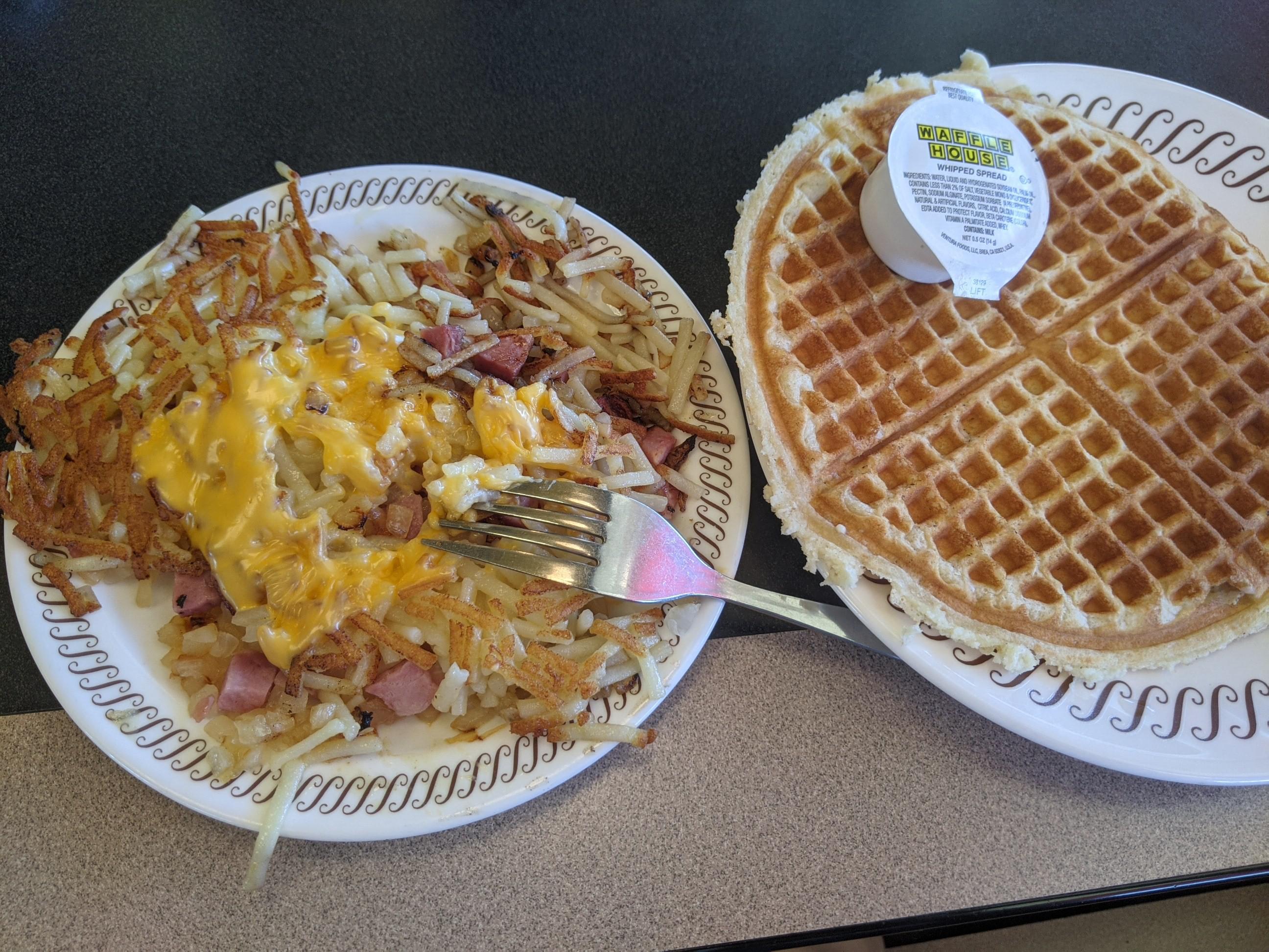 Waffle house breakfast. Loaded hash browns and waffle. | Scrolller
