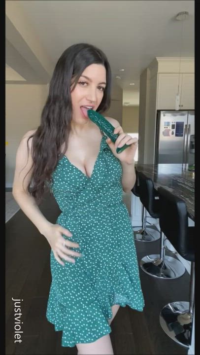 naughty housewife plays with a cucumber dildo | Scrolller