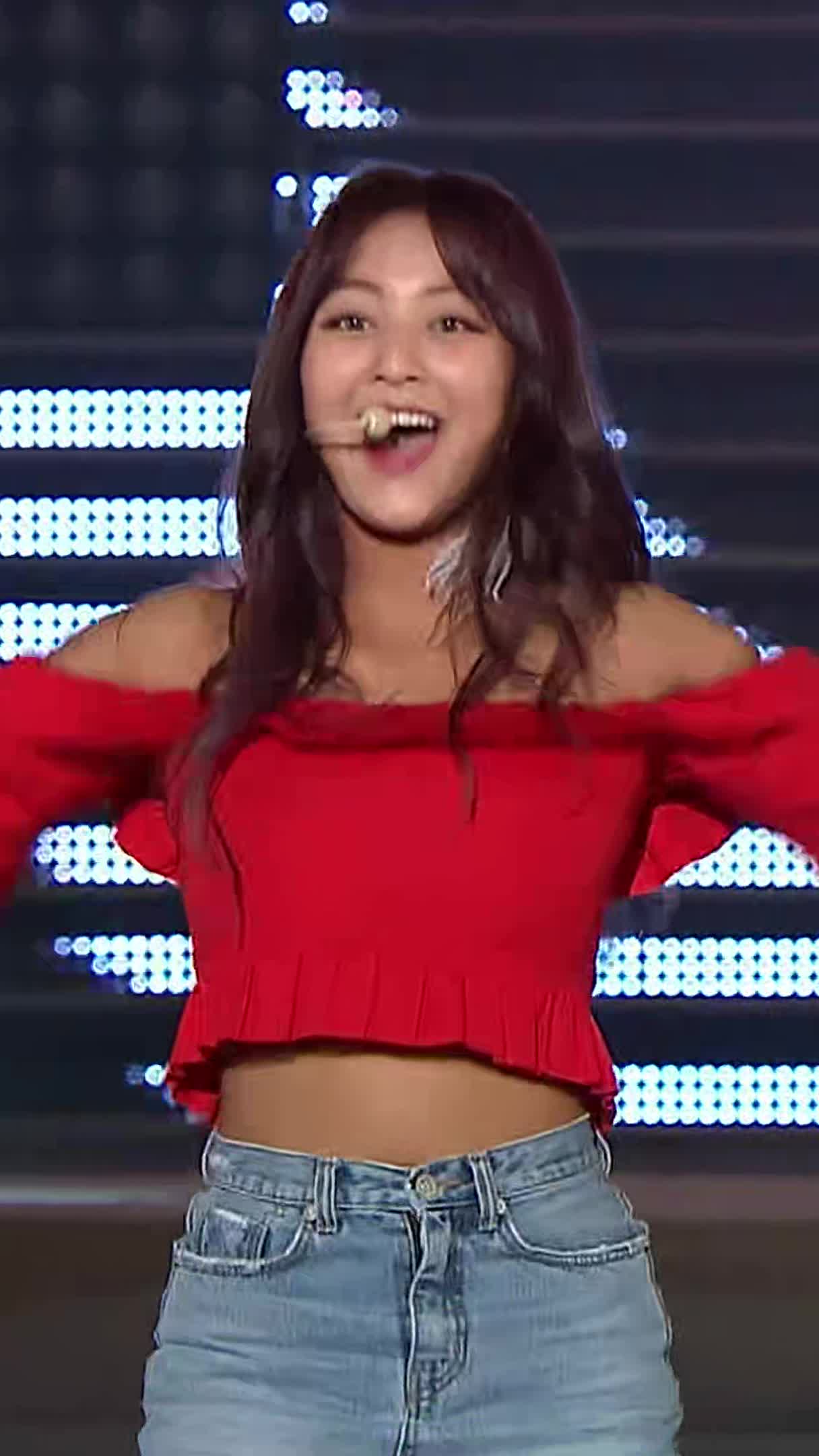 Jihyo - red top, jeans, cheer up | Scrolller