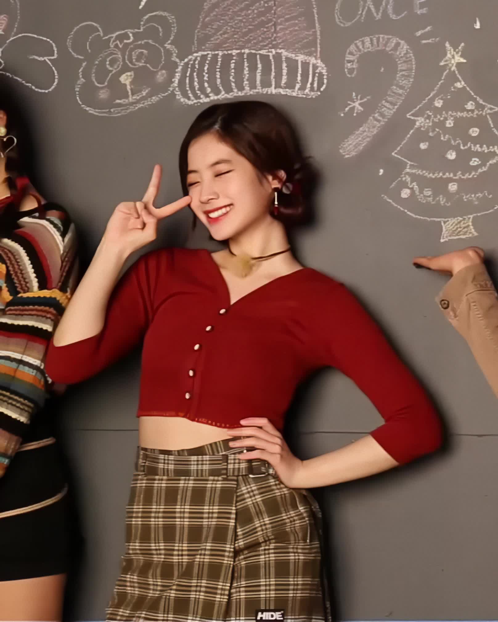 Dahyun - brown plaid skirt, red top | Scrolller