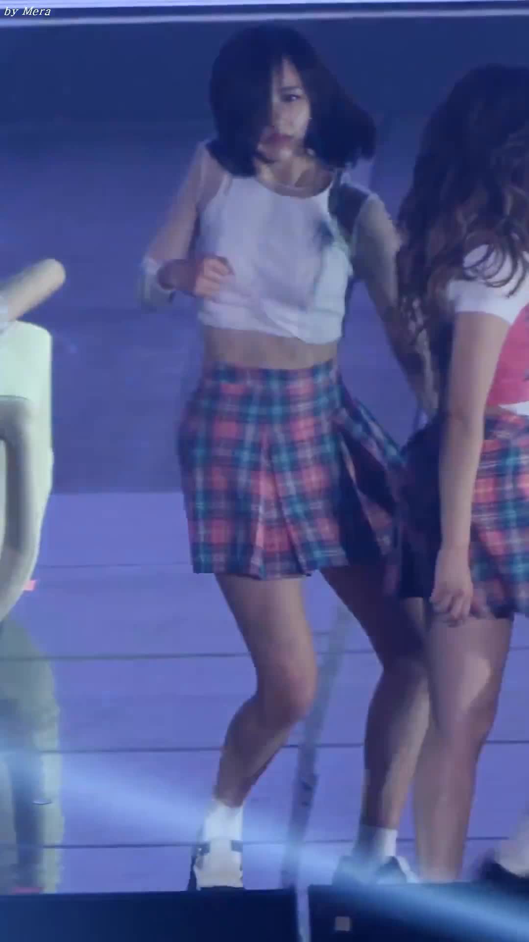 Mina - pink plaid skirt, white top | Scrolller