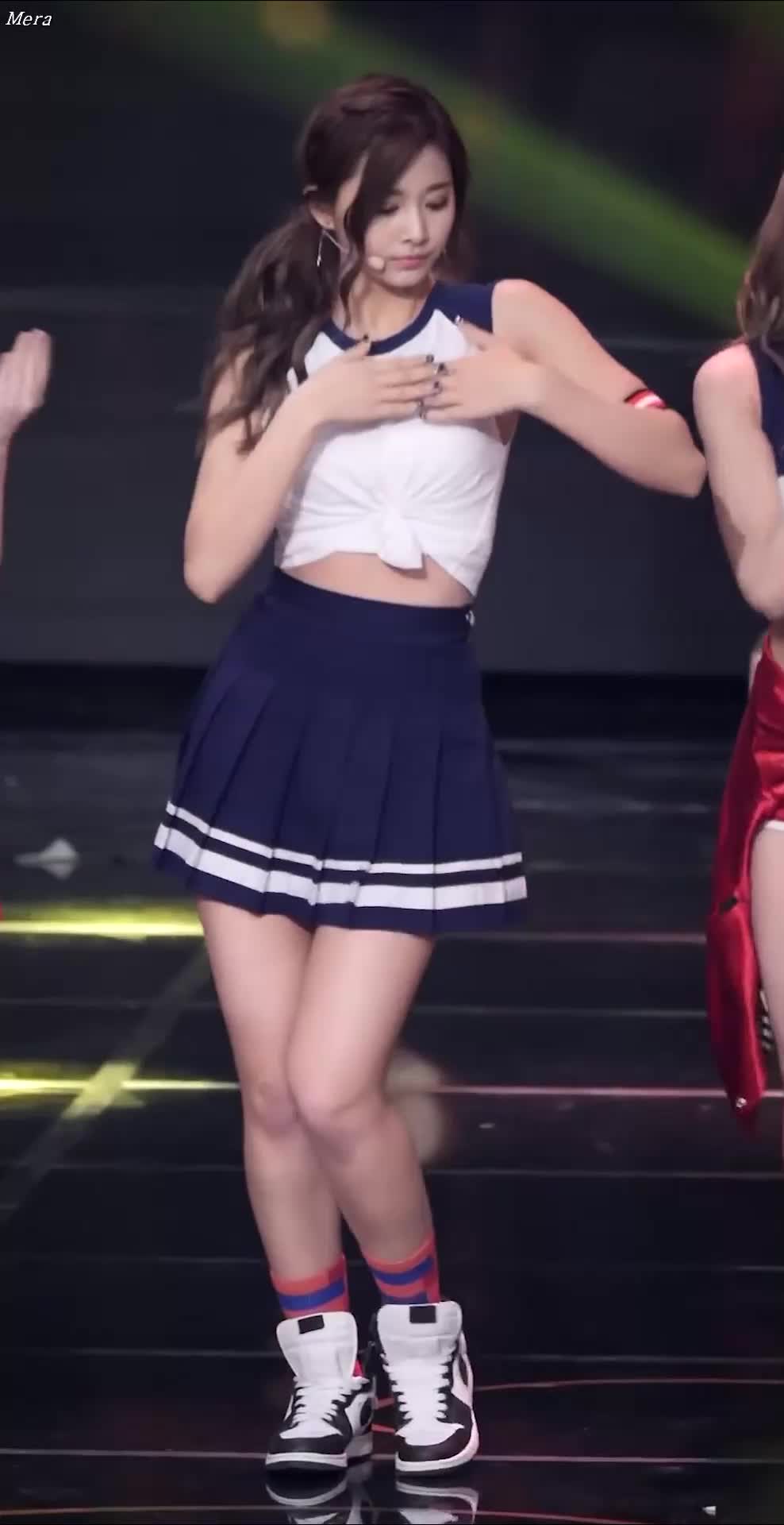 Tzuyu - ponytail, navy blue skirt, white top, cheerleader outfit, tt performance | Scrolller
