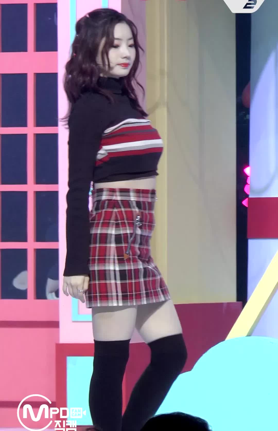 Dahyun - red plaid skirt, black knee-highs, top | Scrolller