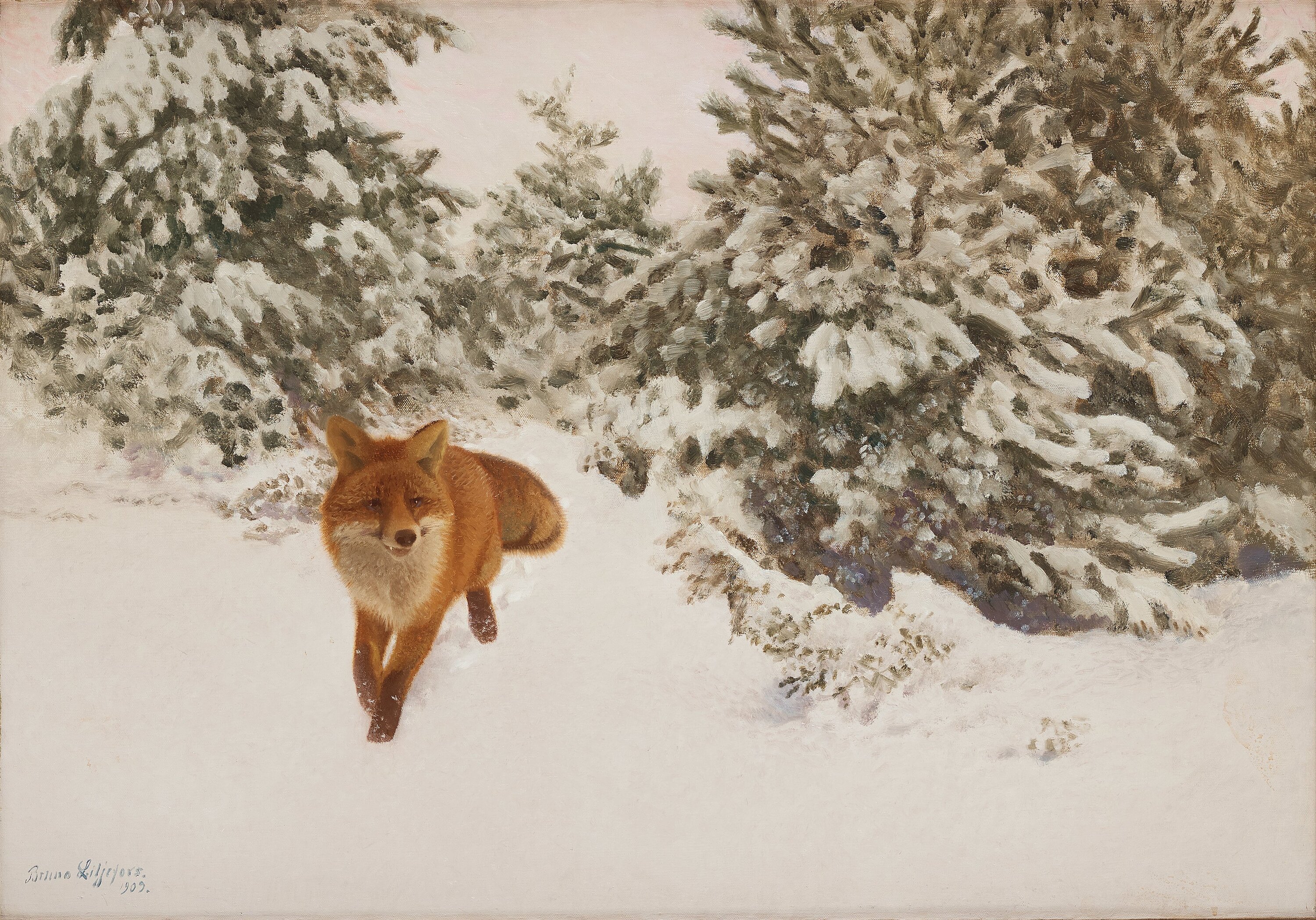Bruno Liljefors - Winter Landscape with Fox (1909) [3000x2096] | Scrolller