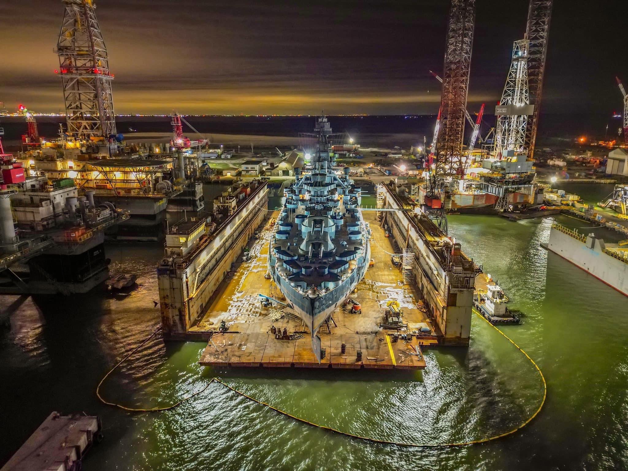 Former USS Texas (BB-35) in dry dock at Gulf Copper Galveston for maintenance and repairs ...