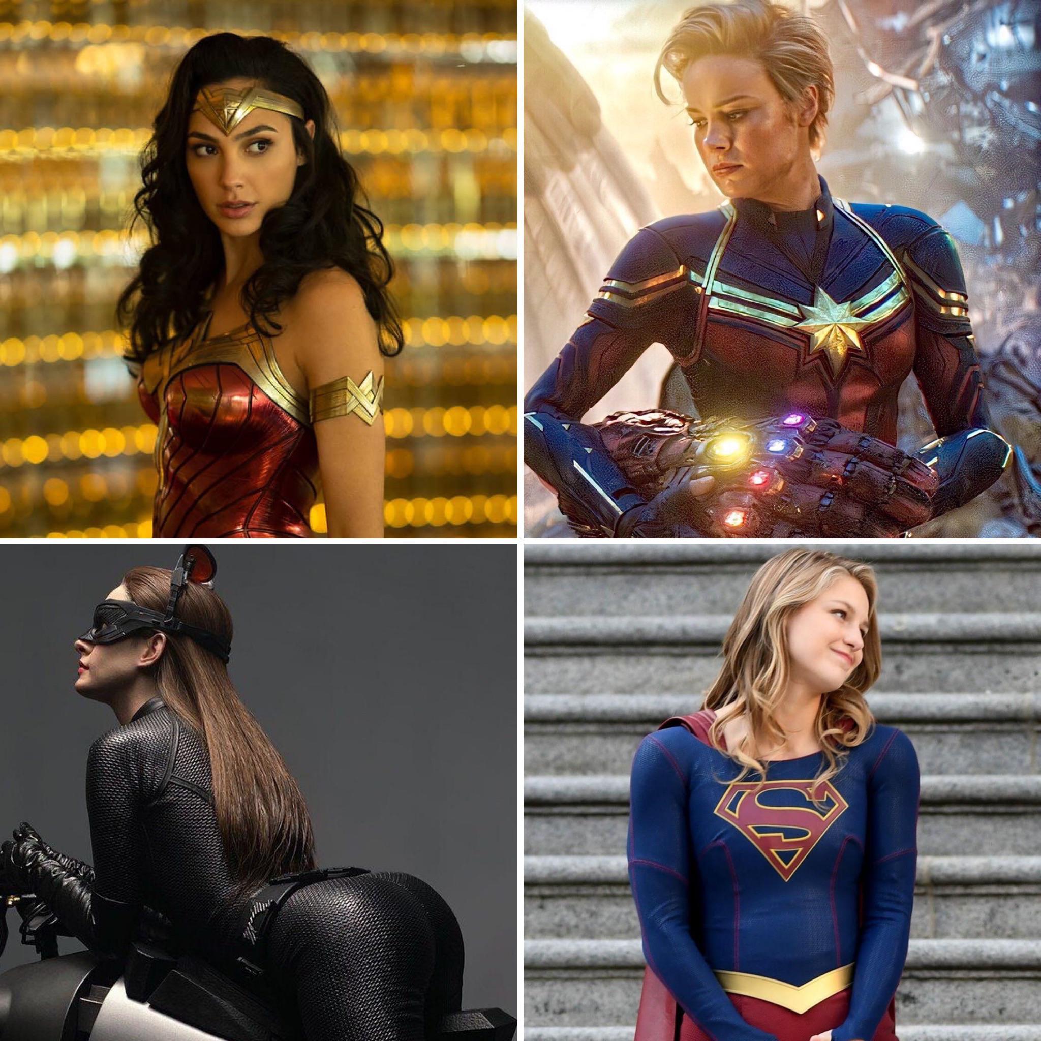 Which celeb WYR take from behind in costume? Gal Godot, Brie Larson, Anne Hathaway, Melissa ...