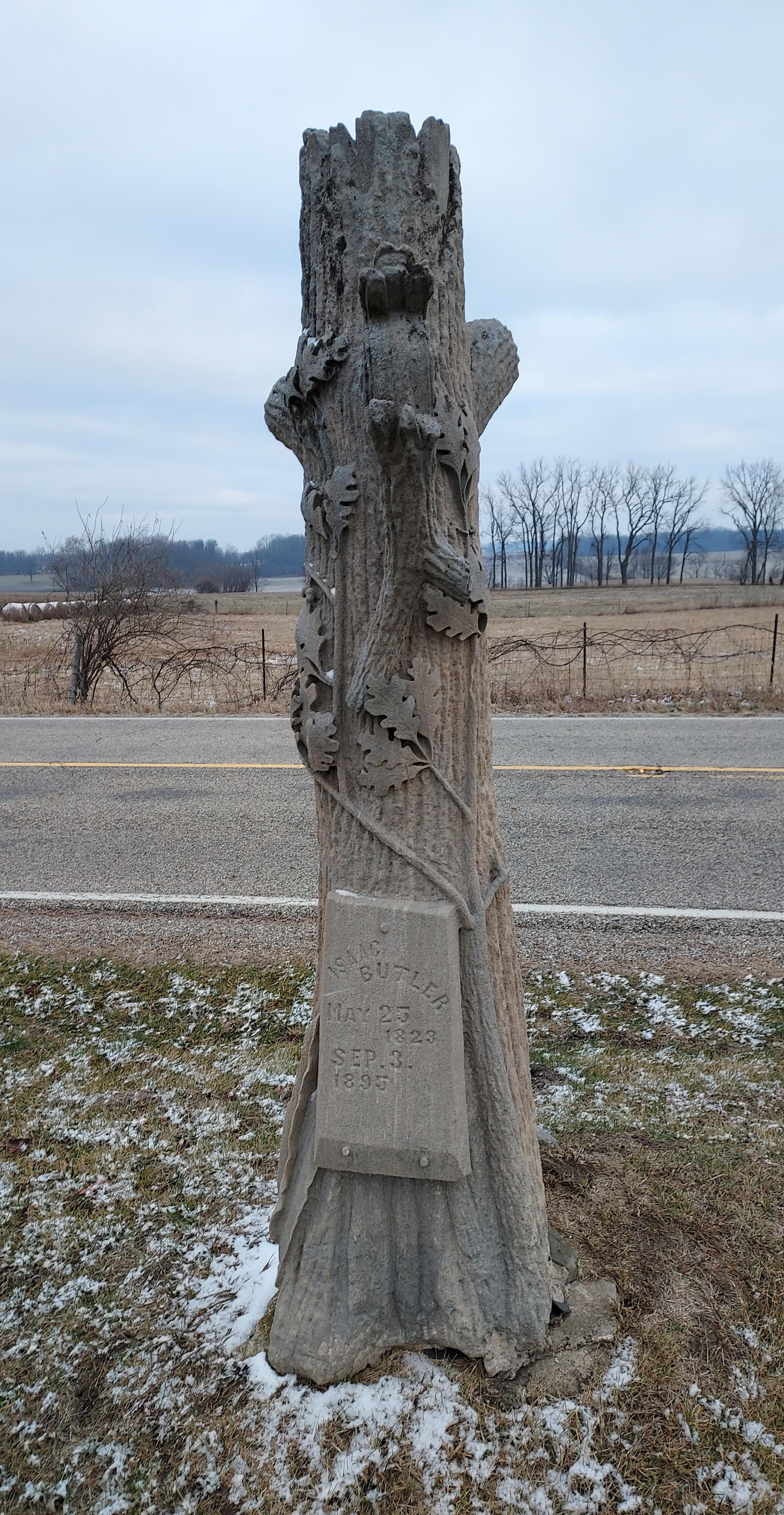 Isaac Butler, 1823-1895, tree stump grave marker on an Odd Fellow (100F) cemetery in Indiana ...