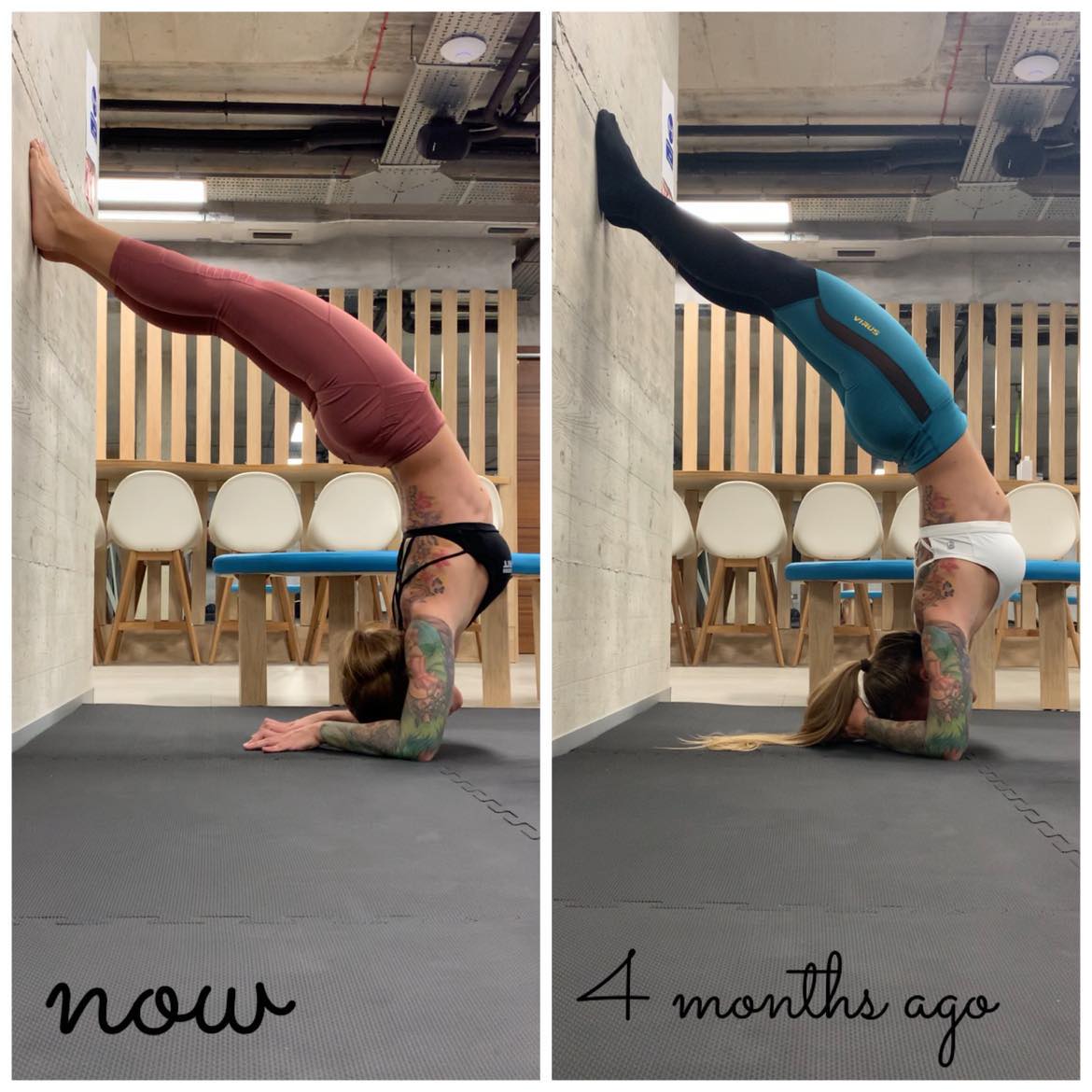 One of my biggest weaknesses, but... spine flexibility progress. (look at the line on the wall ...