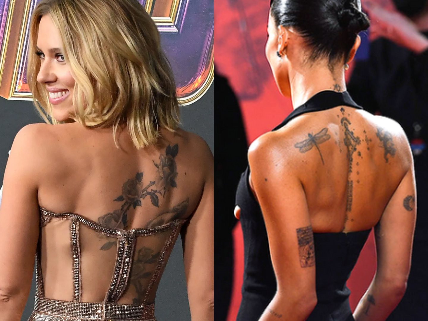 Whose back tattoos would you rather use as cum targets, Scarlett Johansson or Zoe Kravitz ...