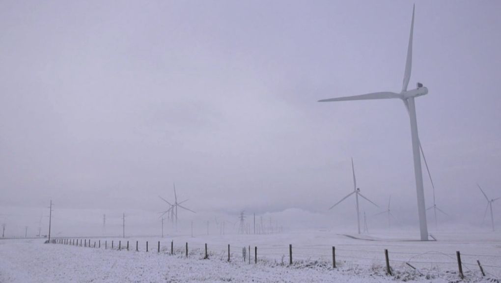 Wind turbines functioning in Alberta, Canada, where it just finished being nearly -40 for two ...