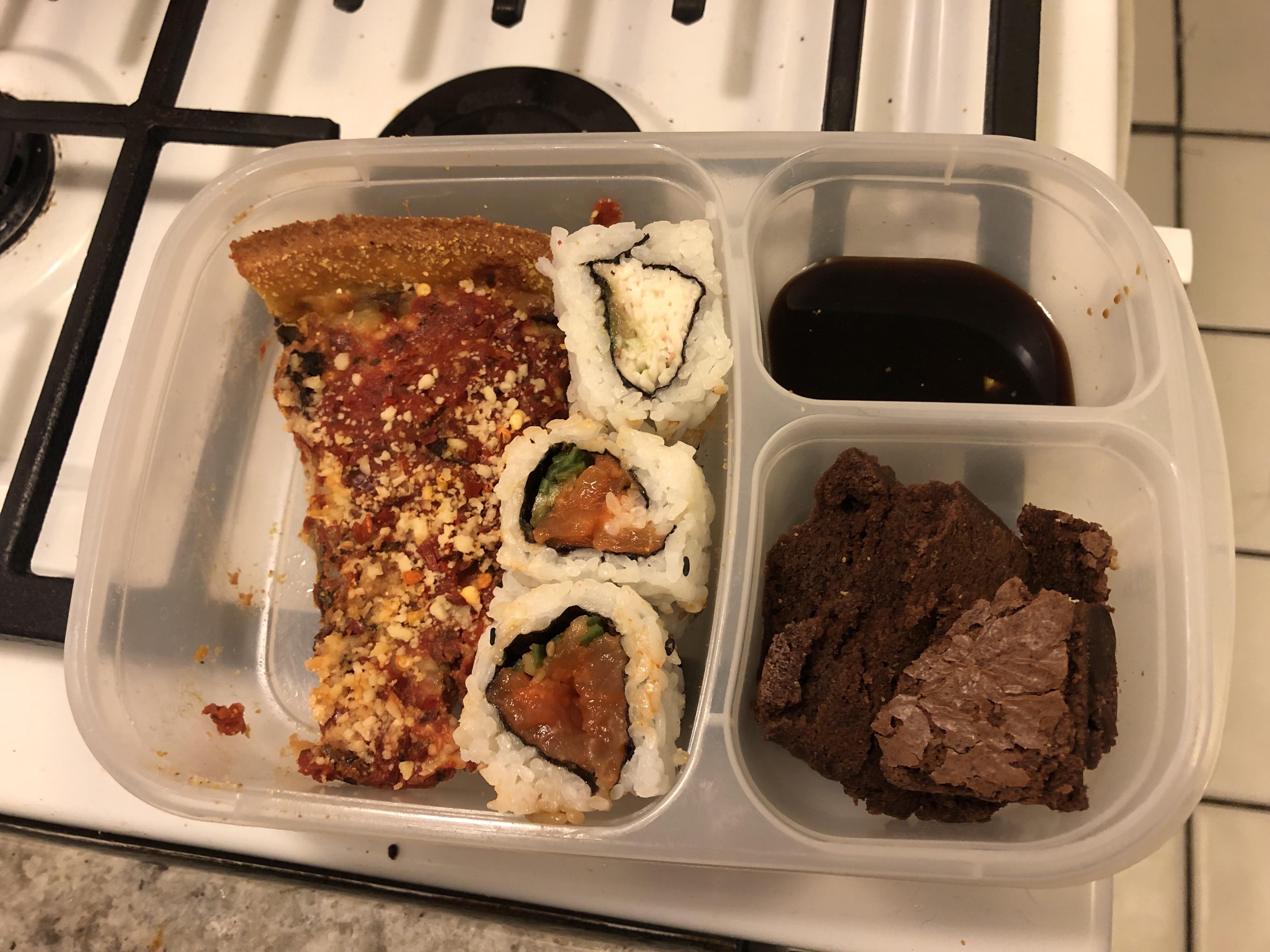 3 day old pizza and leftover sushi for my work lunch today. Feeling multicultural, might delete ...