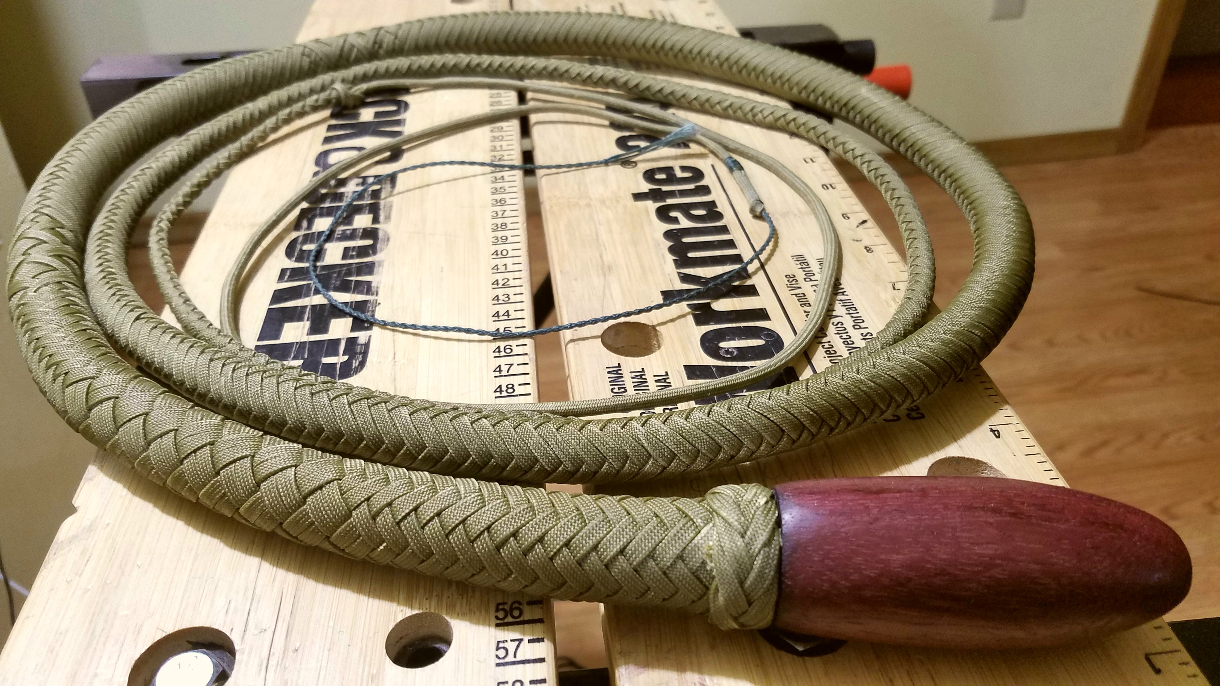 6 ft, gold paracord snake whip, 2 bellies, twisted-taper core, purpleheart heel. waxed. | Scrolller