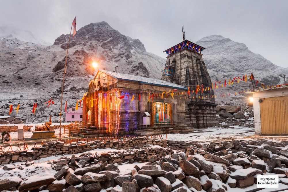 A captivating view of Kedarnath temple, against the scenic backdrop of Garhwal Himalayas ...