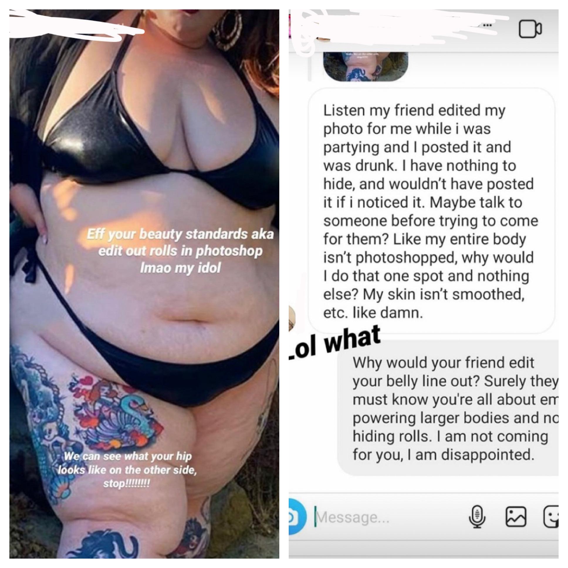 A famous “body positive” influencer’s excuse for editing out rolls. | Scrolller
