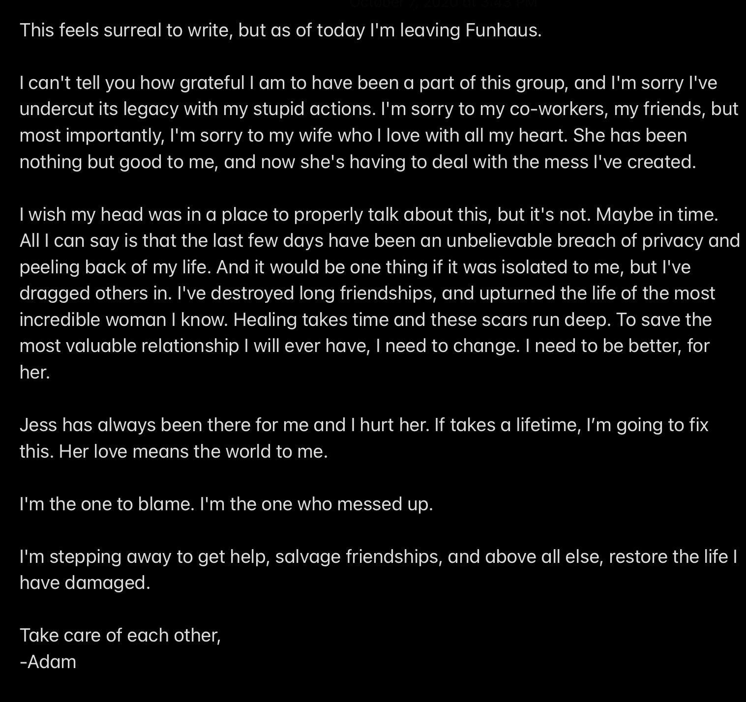 Adam Kovic’s statement. | Scrolller