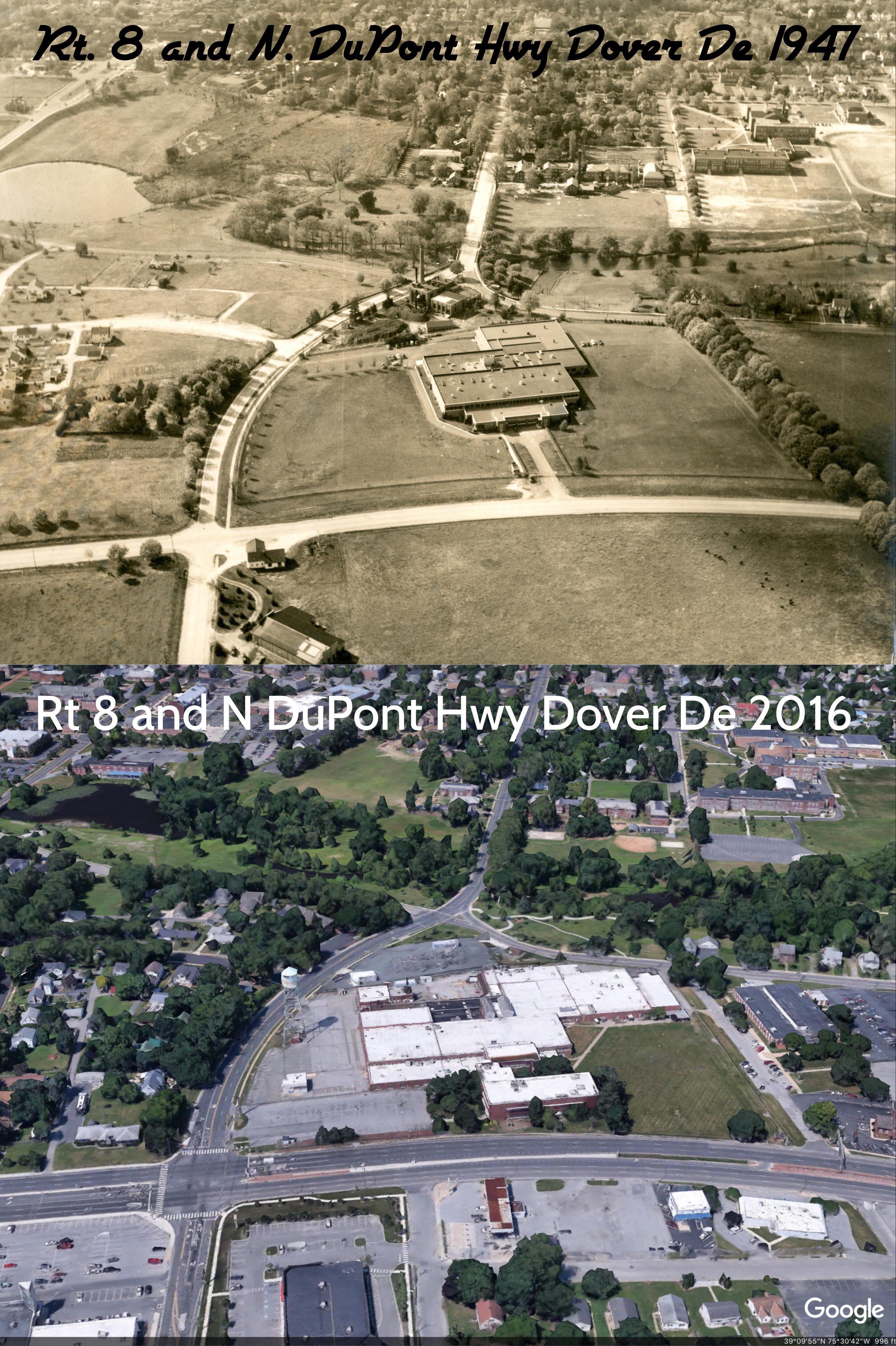 Aerial view of Rt 8 and Rt 13 in Dover 1947* and 2016 *Original Playtex factory | Scrolller