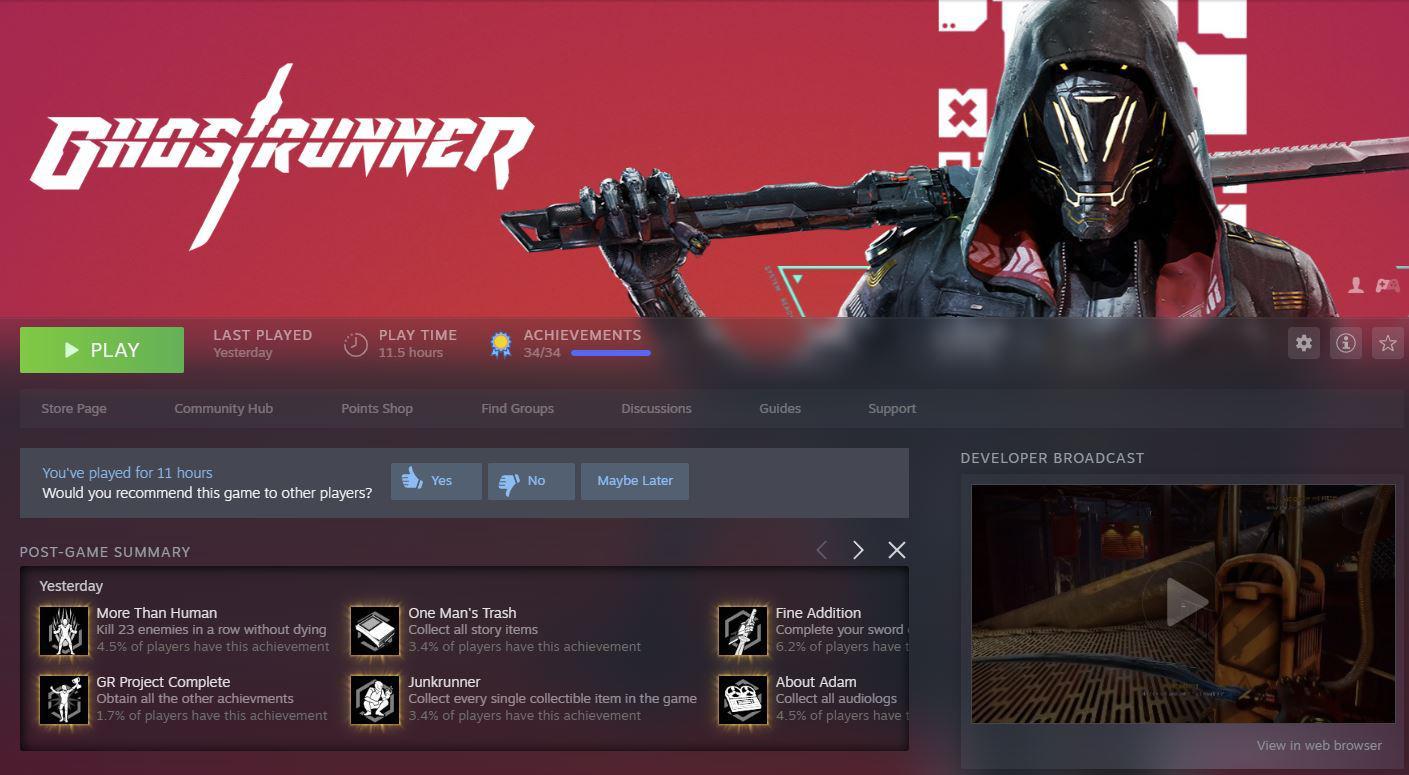 After about eleven and a half hours I was able to complete Ghostrunner | Scrolller