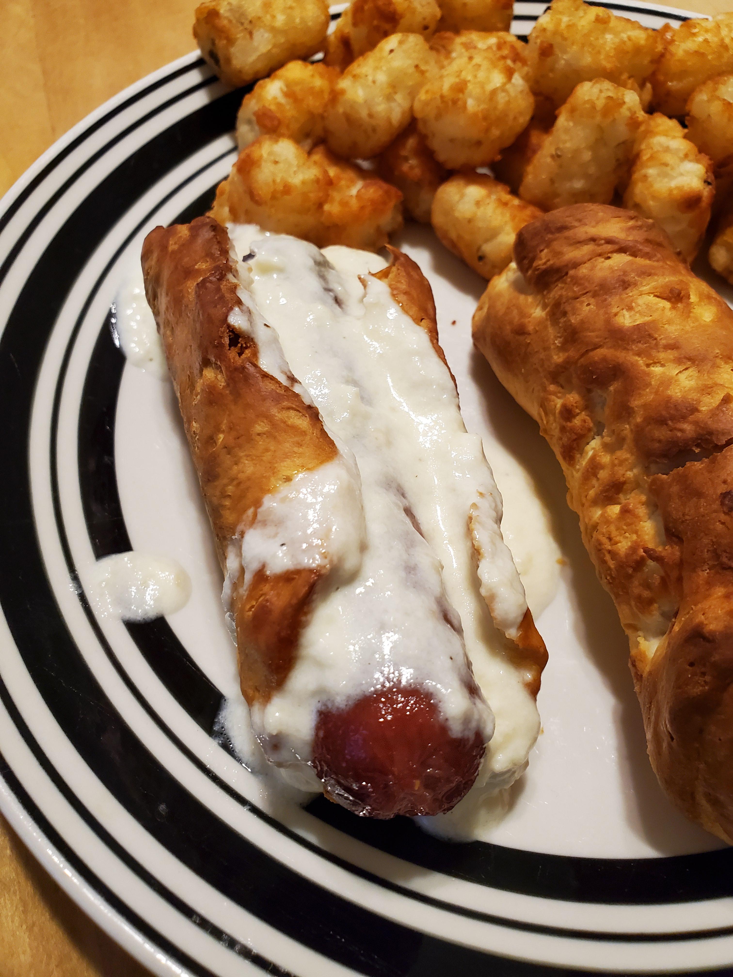 Biscuit dog with homemade alfredo sauce and tots | Scrolller