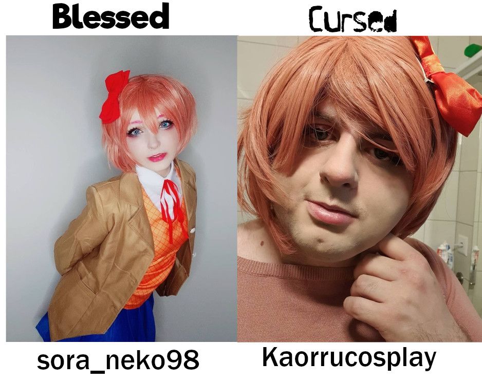 Blessed vs Cursed Sayori cosplay. (cosplayers: sora_neko98, Kaorrucosplay) | Scrolller