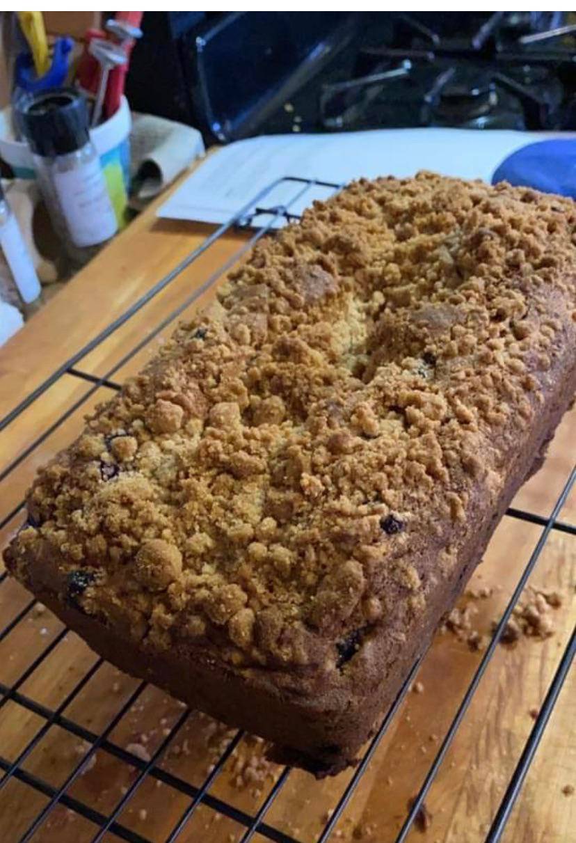 Blueberry banana bread with crumble topping. Struggling since COVID killed the restaurant ...