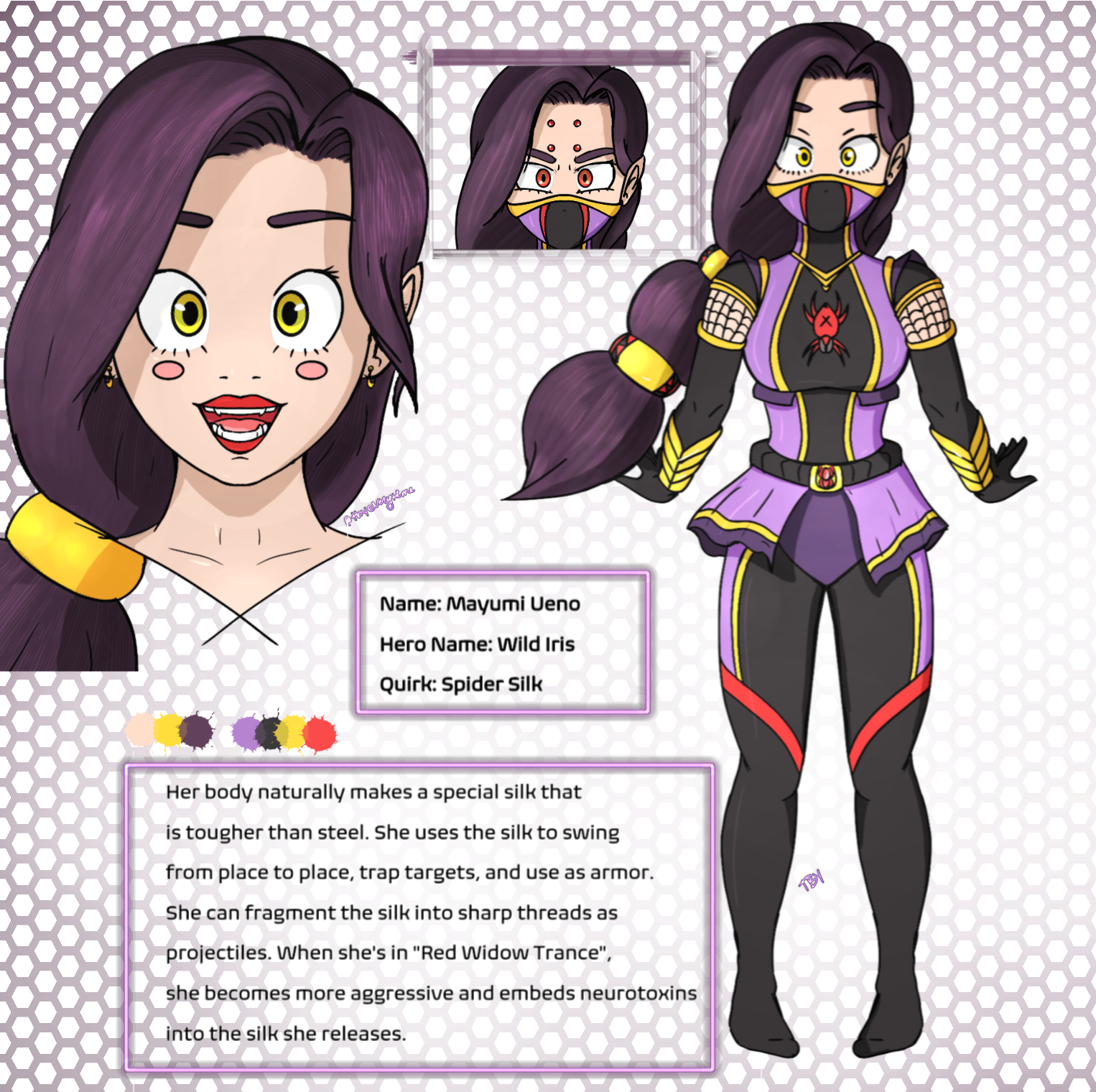 BNHA OC: Mayumi a.k.a "Wild Iris" art/costume update. Quirk-spider silk (more info in comments ...