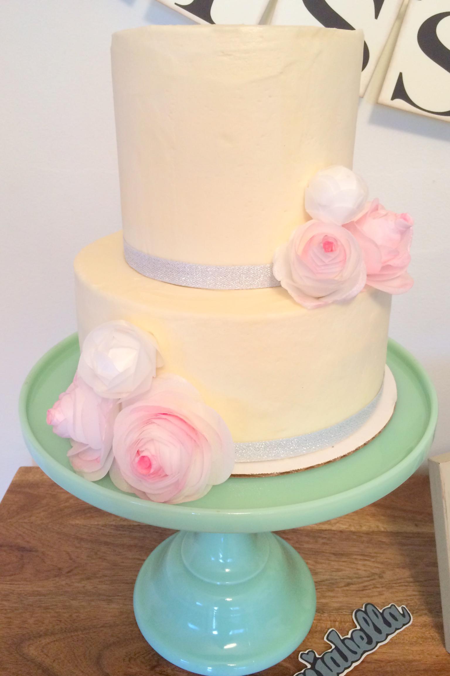 Bridal shower cake with wafer paper roses. Vanilla cake with chocolate mousse. | Scrolller