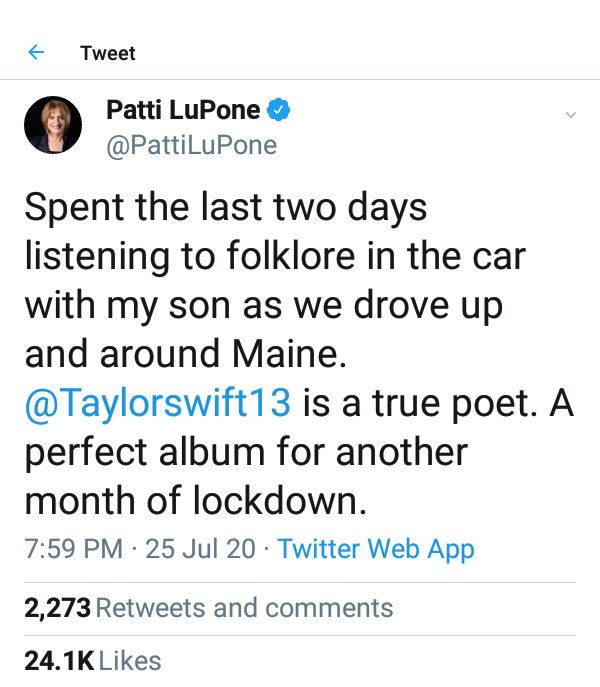 Broadway legend Patti LuPone praising Taylor on Twitter 💗 | Scrolller