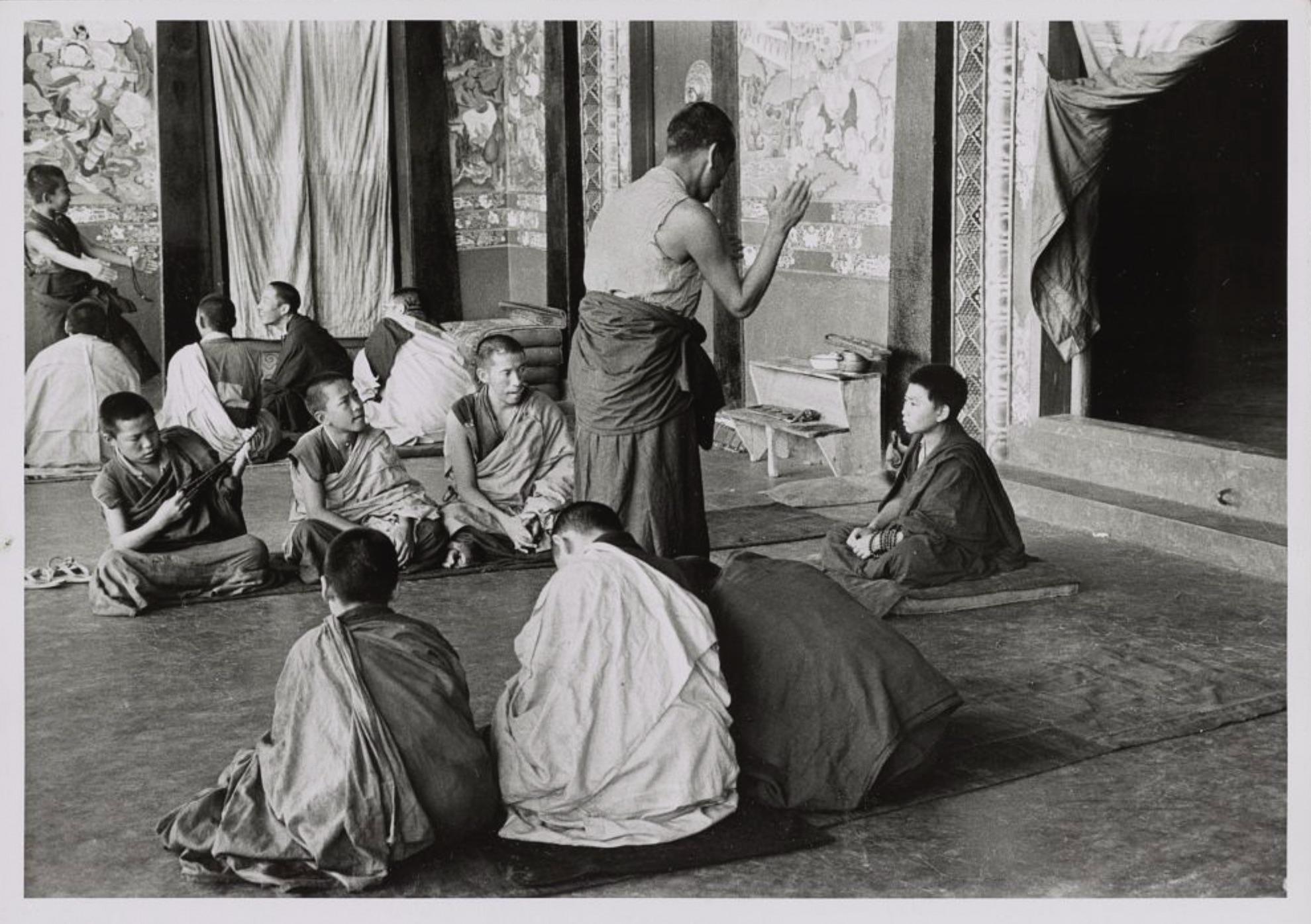 Buddhist monks inside temple, Sikkim, ca. 1968. | Scrolller