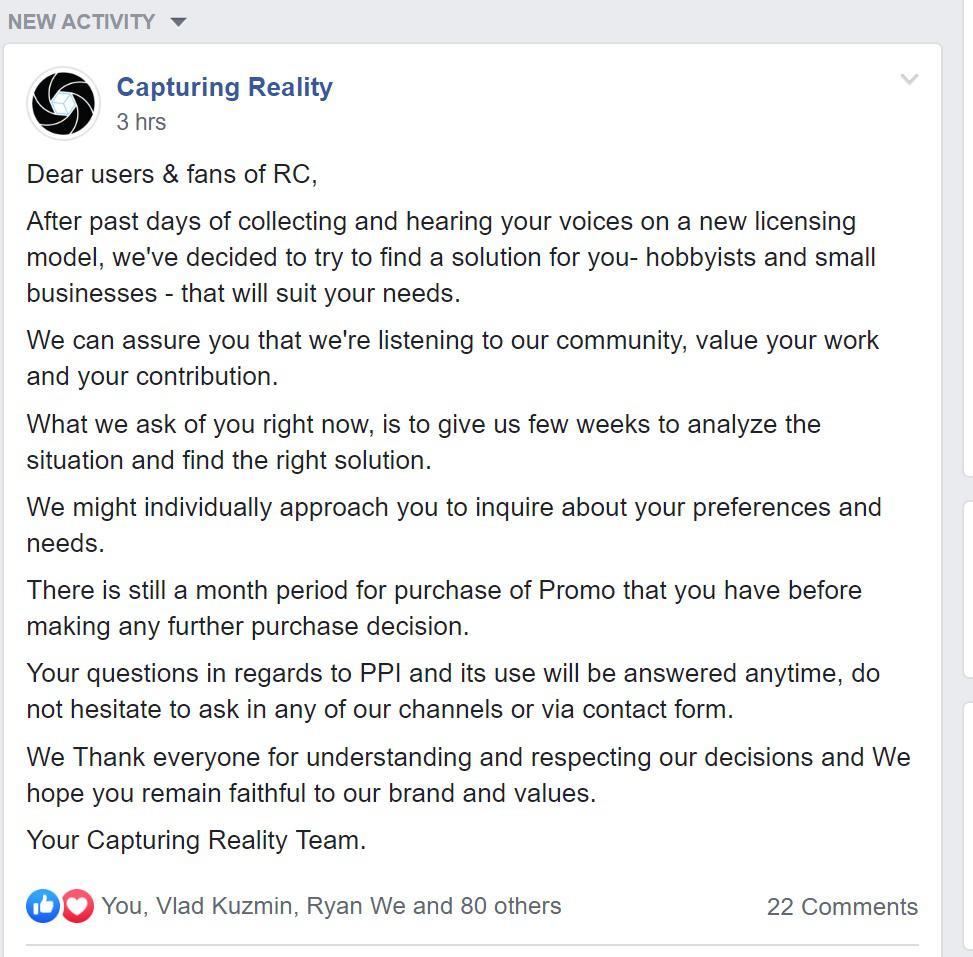 Capturing Reality is reconsidering their new pricing models | Scrolller