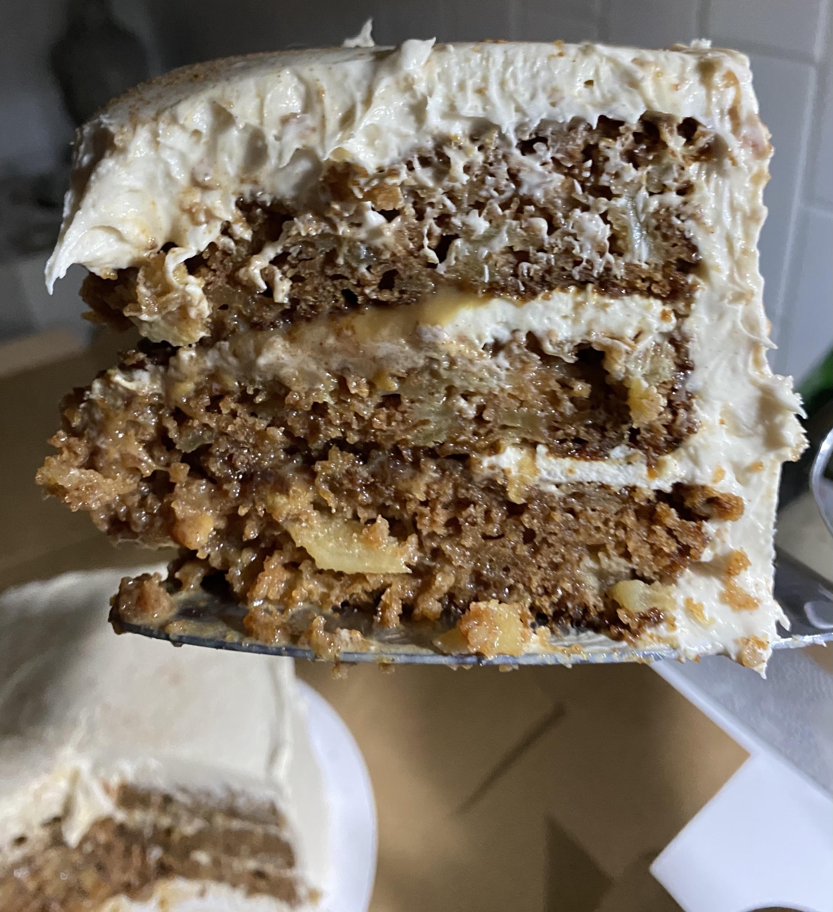 Caramel apple cake. Granny Smith apples, layered with caramel and frosted with cinnamon cream ...