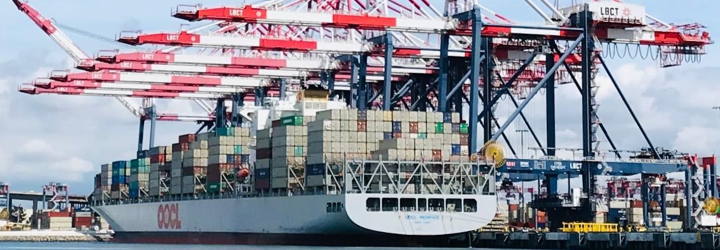 Cargo ship being unloaded at Long Beach Container Terminal--Long Beach, CA--April 3, 2019 ...