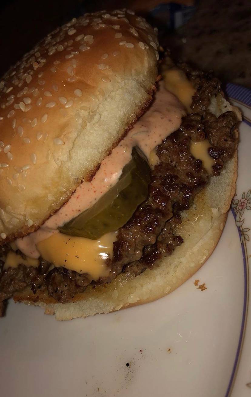 Double Cheese with Sesame Seed Bun, Thousand Island + Pickles | Scrolller