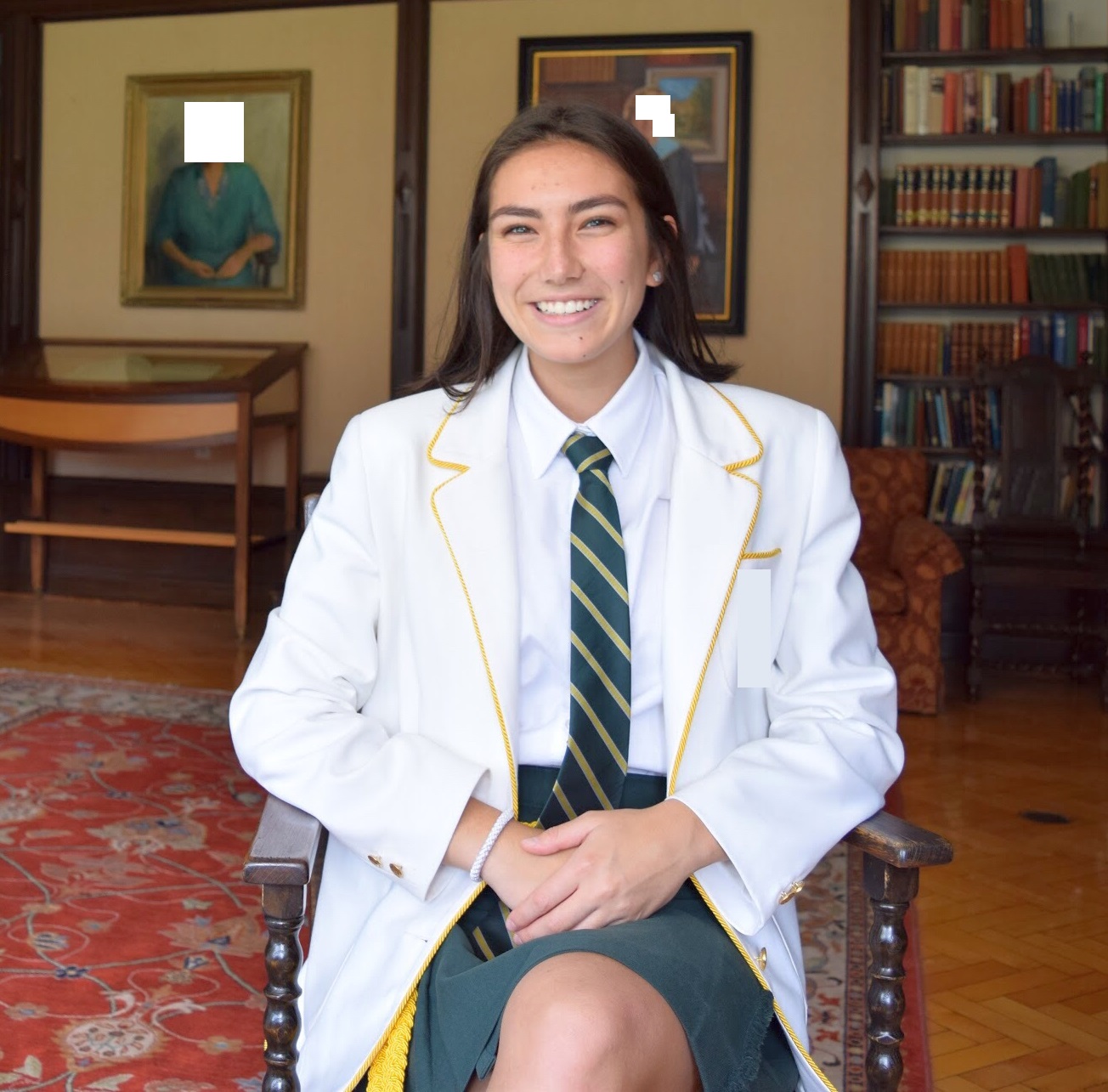 Eurasian in white blazer, green skirt. | Scrolller