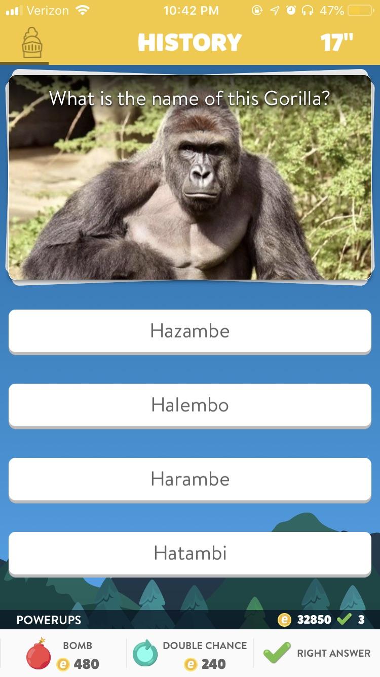 Even Trivia Crack is honoring Harambe #dicksout | Scrolller