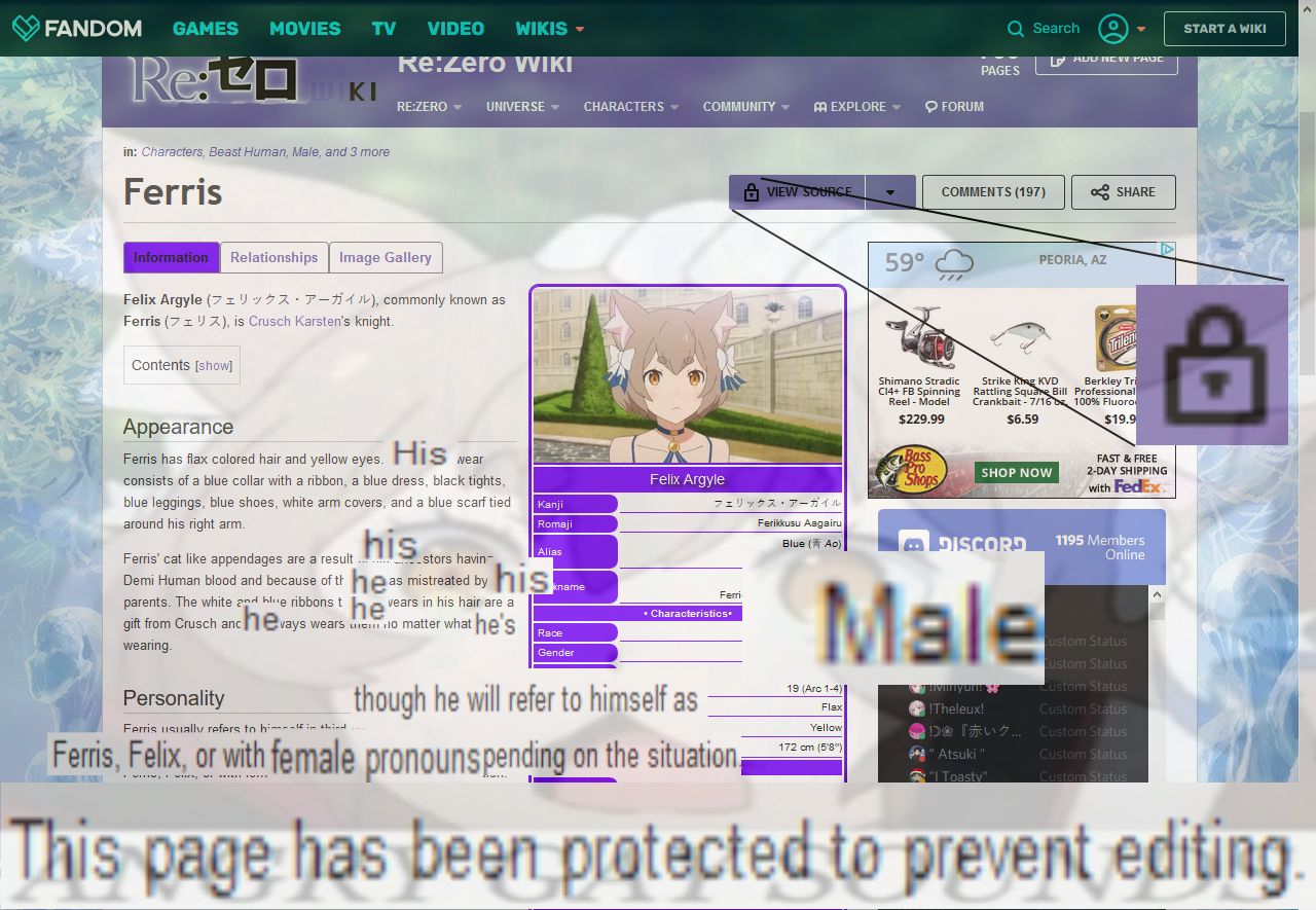 Ferris, canonically a trans girl, aggressively misgendered on wiki page protected from editing ...