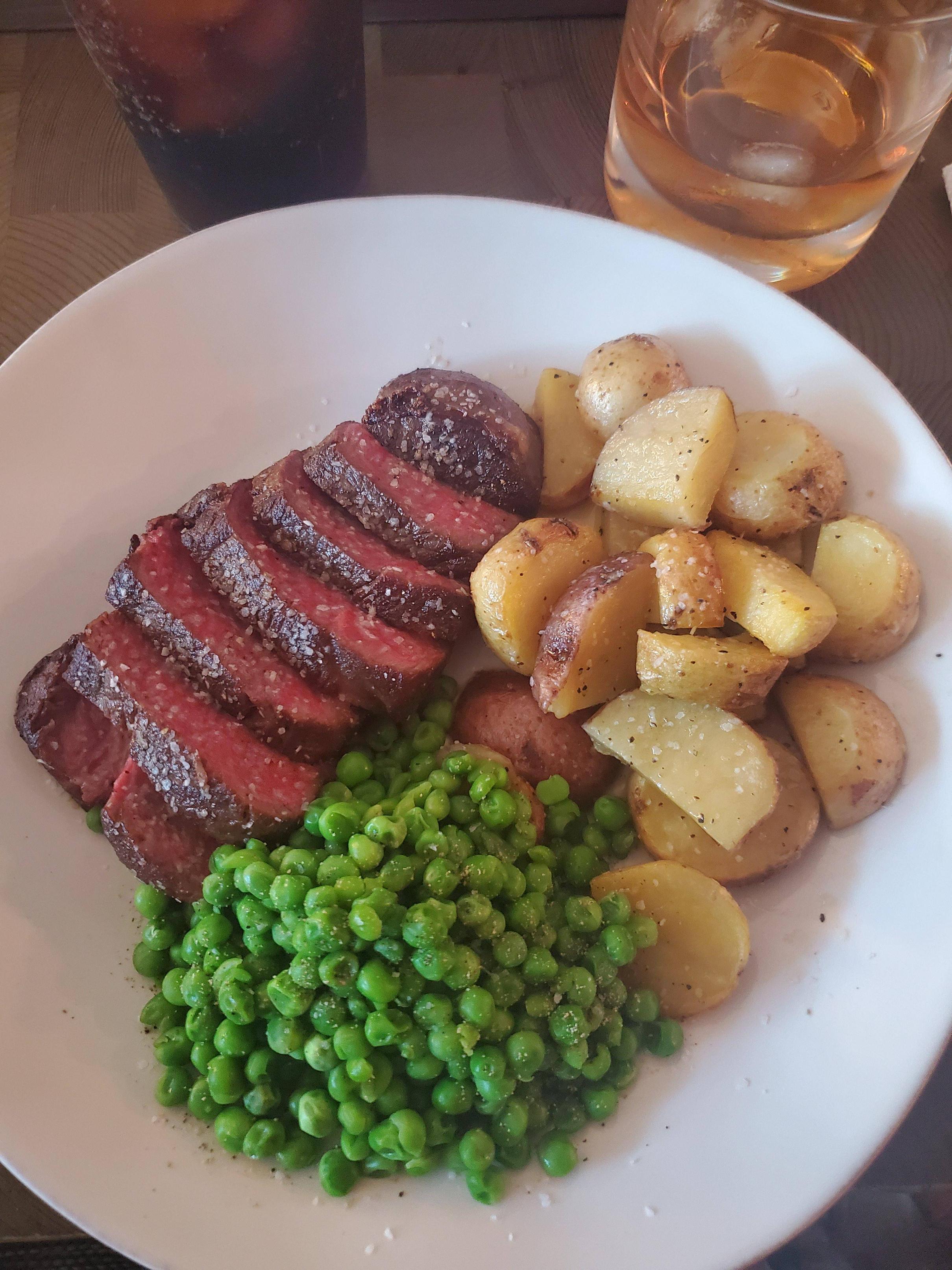 Filet at 129 for 1-1/2 hours, pan seared...shown here with supporting cast. My first ...