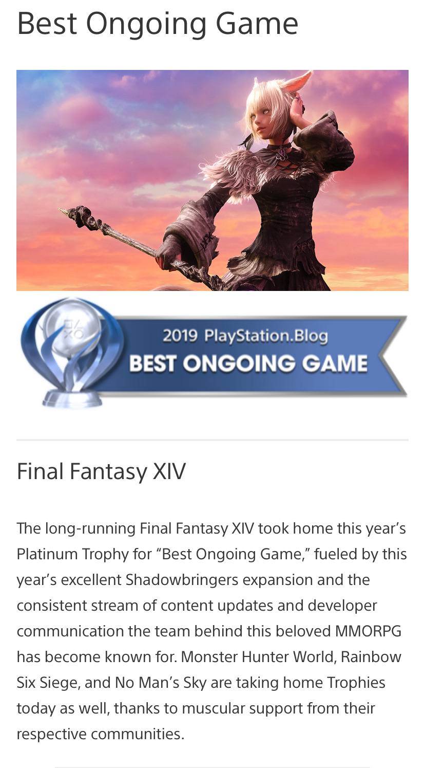 Final Fantasy XIV won playstation's best ongoing game. | Scrolller