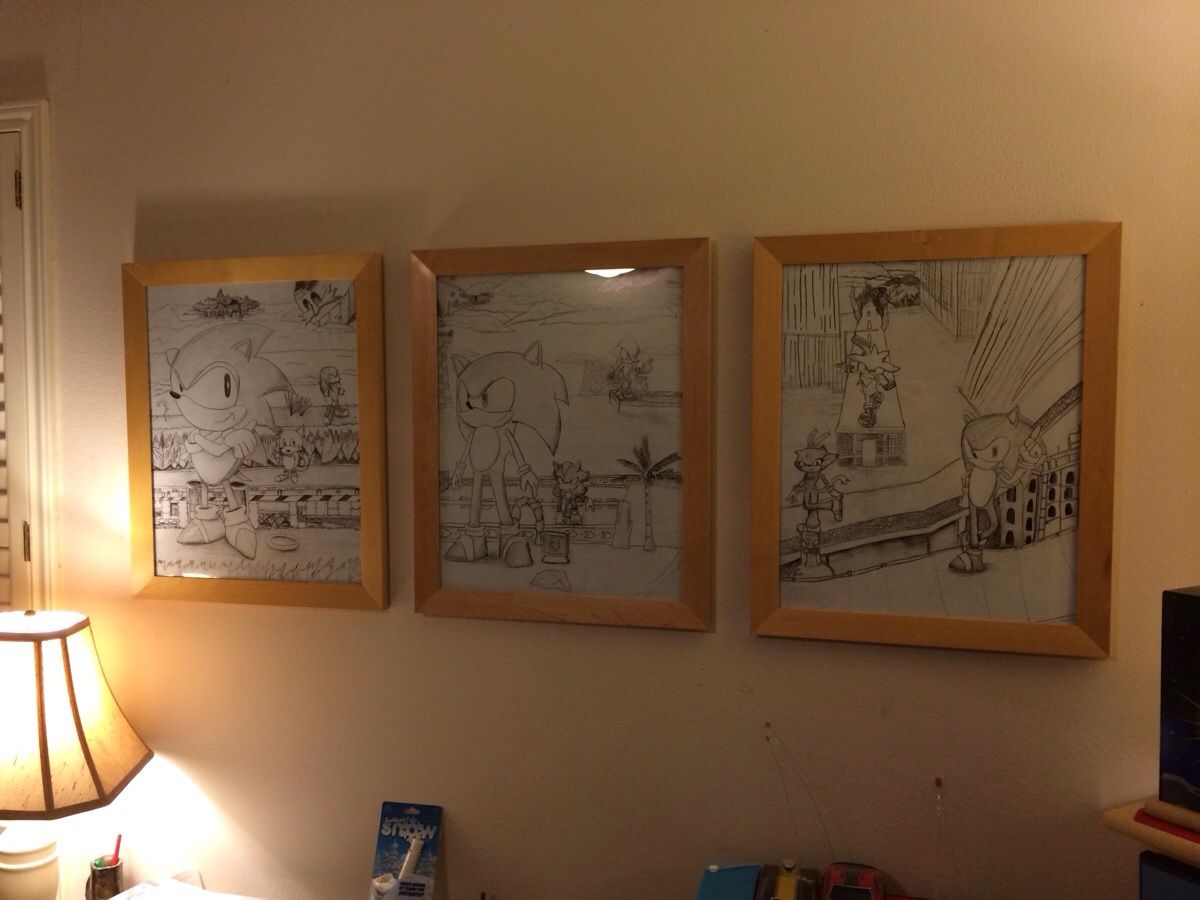 Finally got my sonic drawings framed and hung. I'm pretty proud of how they turned out. | Scrolller