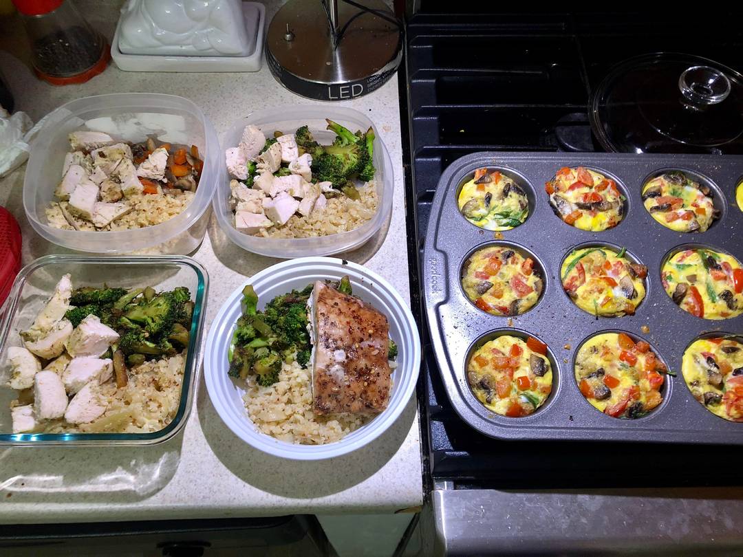 First meal prep: cauliflower rice with sautéed sesame broccoli, baked chicken and baked salmon ...