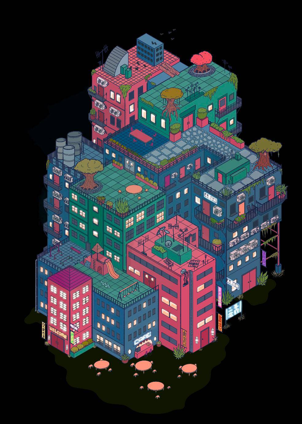 First try at an isometric illustration! Inspired by the Kowloon Walled City in Hong Kong ...