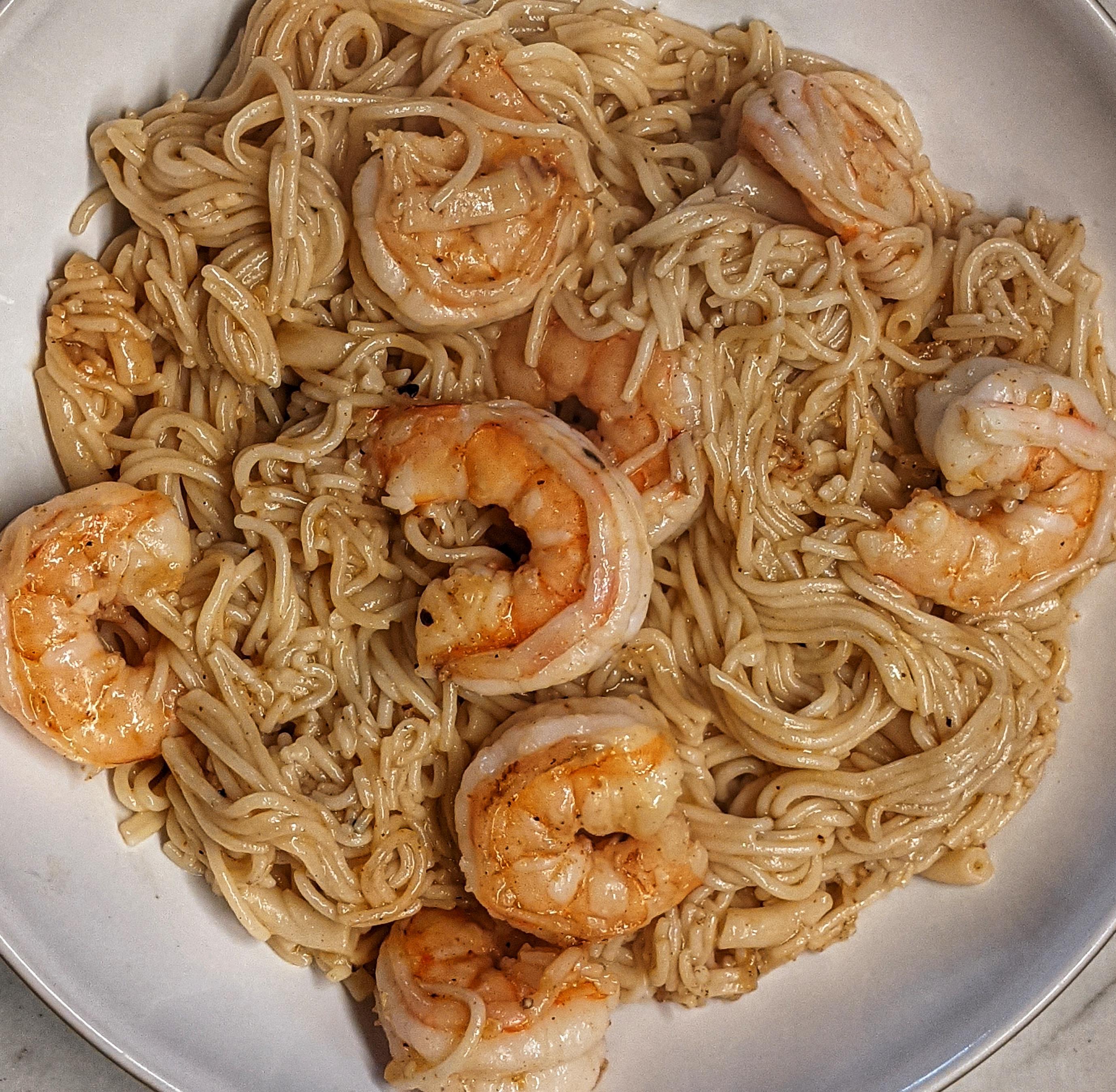 Garlic butter shrimp over gluten-free brown rice ramen noodles with a ...
