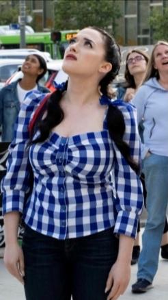 Gingham Kat Dennings in Blue and White | Scrolller