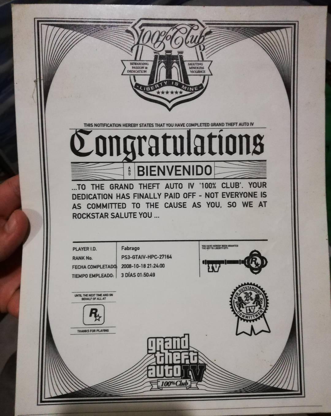 GTA IV 100% Club Certificate | Scrolller