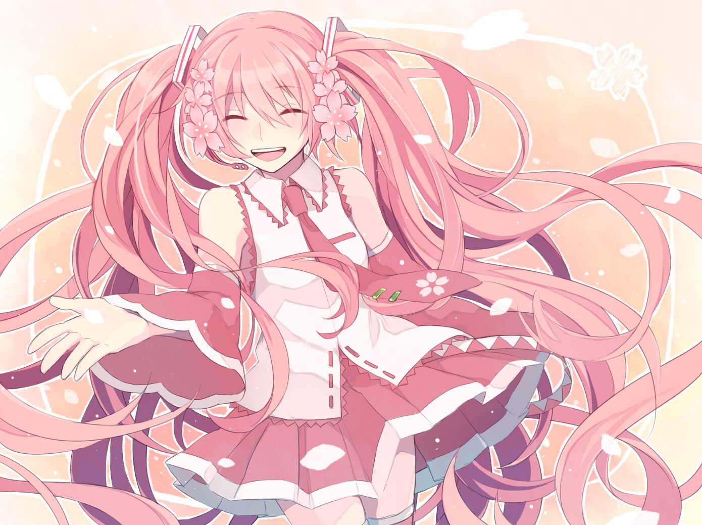 hatsune_miku headphones hoshiyui_tsukino long_hair petals pink pink_hair sakura_miku skirt tie ...