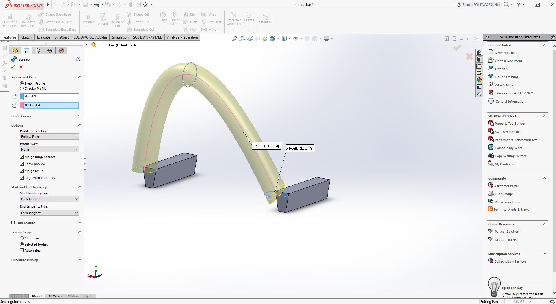 Help. How do I make the one end of this sweep parallel with the circle sketch? | Scrolller