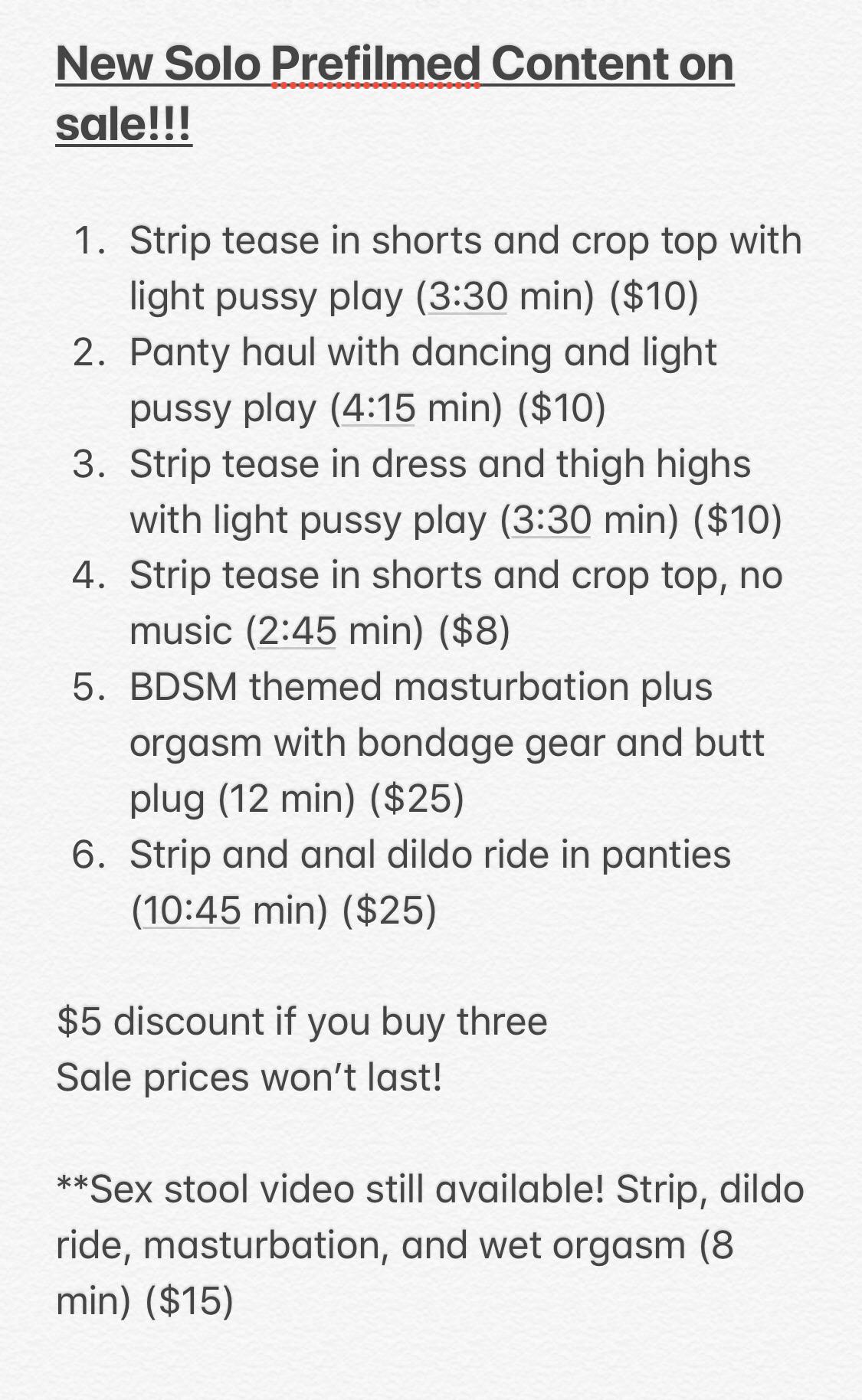 Hi lovers! I’m releasing SIX new prefilmed videos at a steep sale price! PM me if you’d like to ...