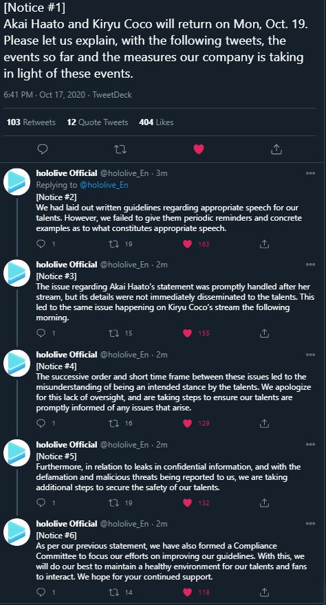 Hololive official Twitter statement on the return of Kiryu Coco and Akai Haato | Scrolller